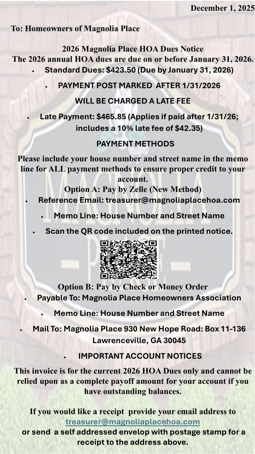 HOA 2026 Dues – Magnolia Place HOA